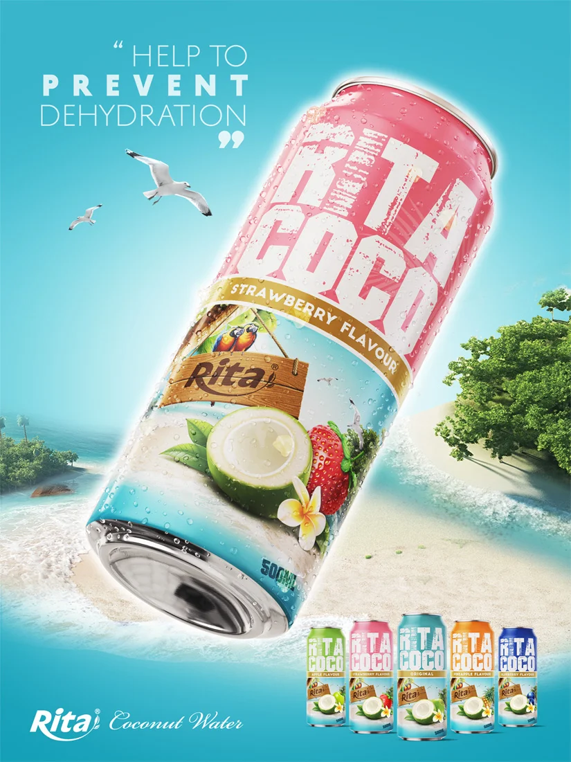 500ml canned RITACOCO coconut water with strawberry flavour - RITA Beverage