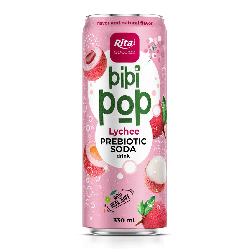 Bibi Pop Prebiotic Soda drink with real lychee juice 330ml sleek can ...